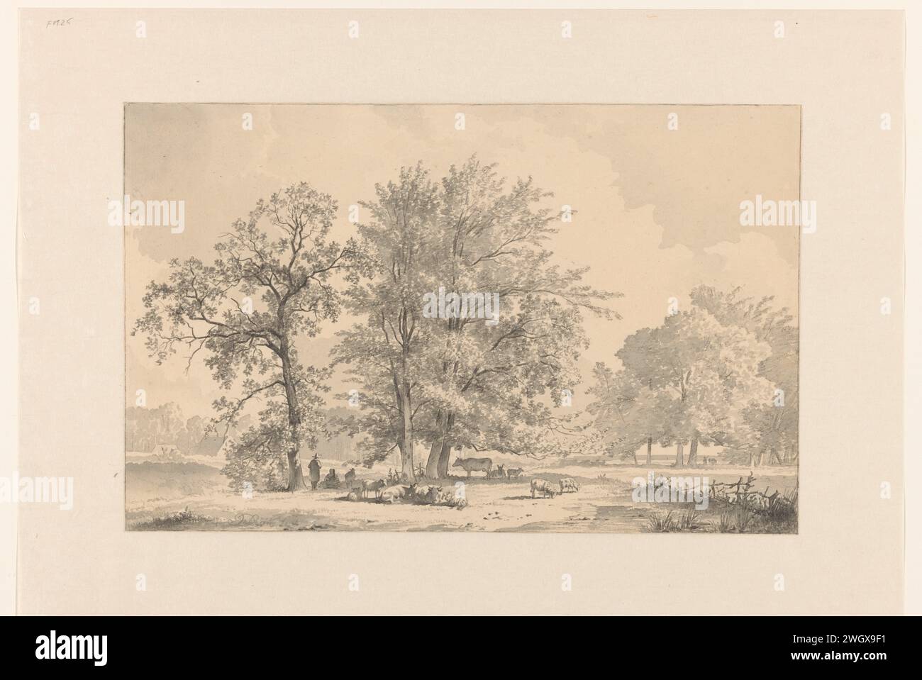 Landscape with shepherds and cattle under large trees, James de Rijk ...