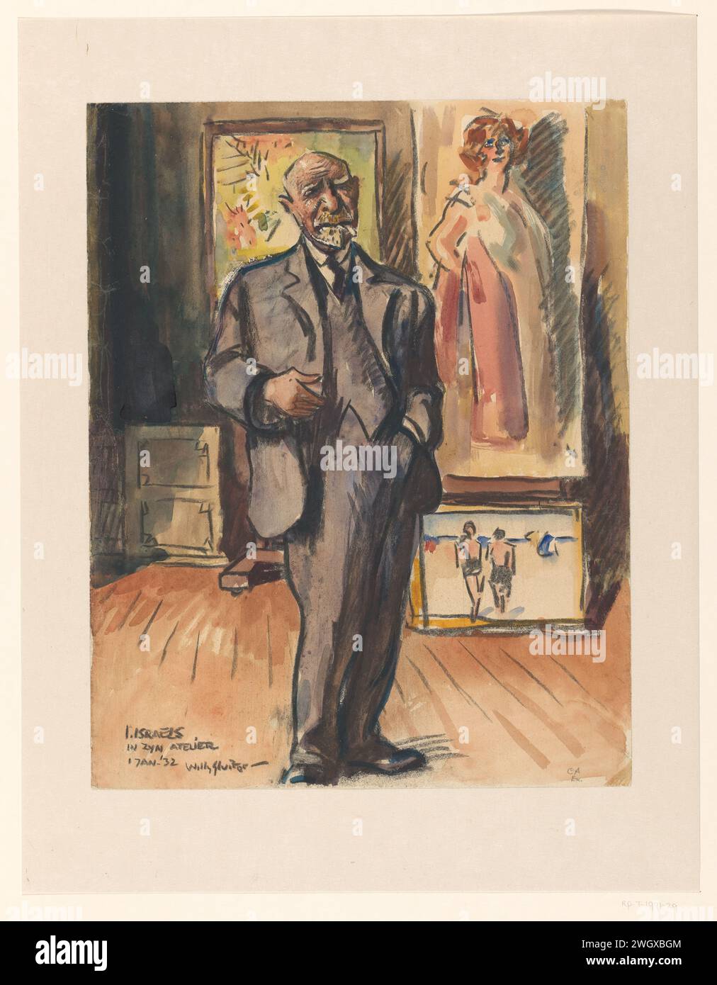 I. Israels in his studio, Willy Sluiter, 1932 drawing Portrait of Isaac ...