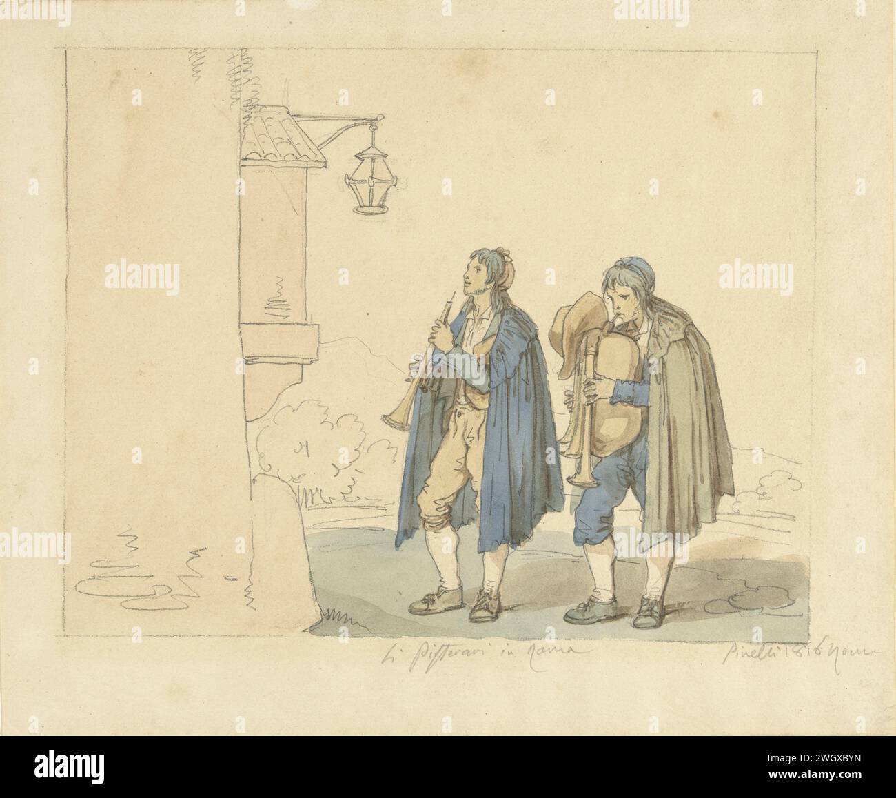 Flute player and dated sac player in front of one house, Bartolomeo ...