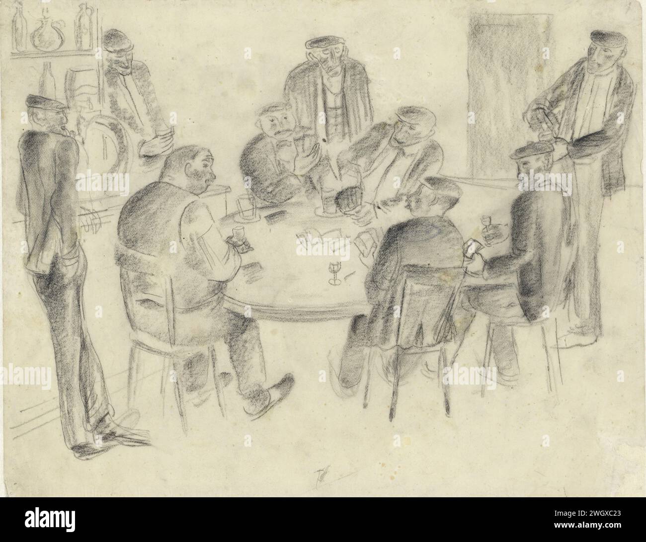 Card playing men in a bar, Henk Henriët, c. 1930 drawing Group men ...