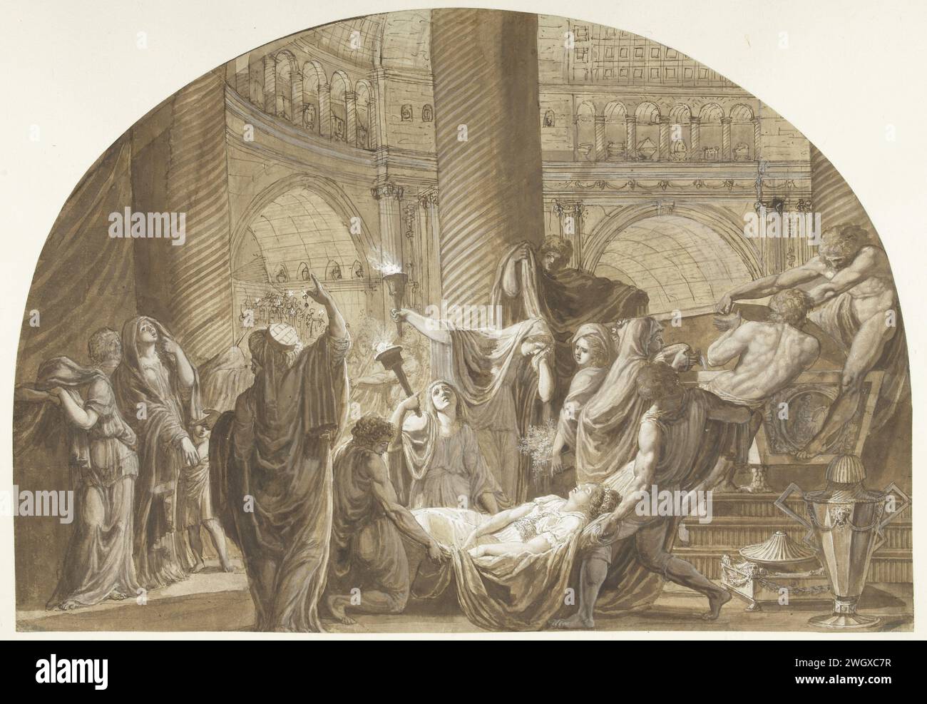 Antique Funeral Scene in a Mausoleum, c. 1795 drawing In a classic ...