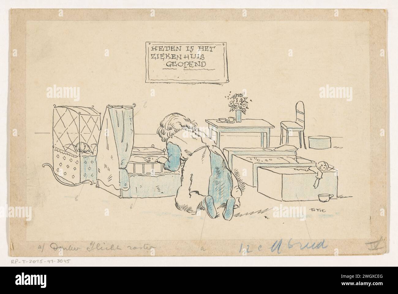 Girl plays puppet hospital, totie, c. 1890 - c. 1930 drawing A girl is ...