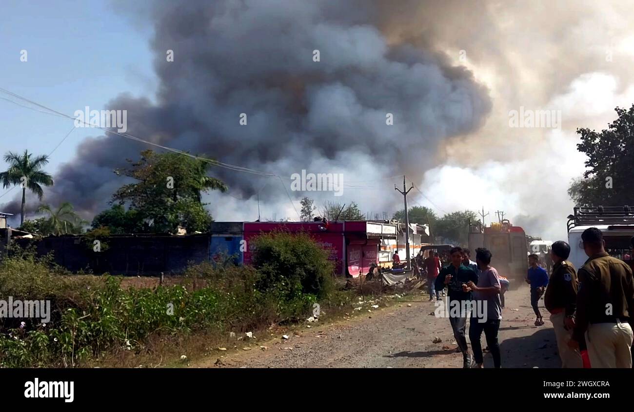 Harda, India. 6th Feb, 2024. Smoke rises after a blast in a ...