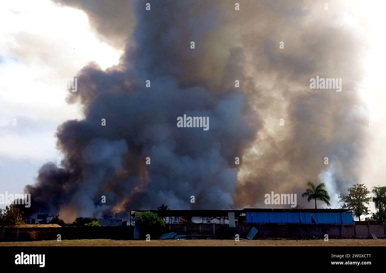 Harda, India. 6th Feb, 2024. Smoke rises after a blast in a ...