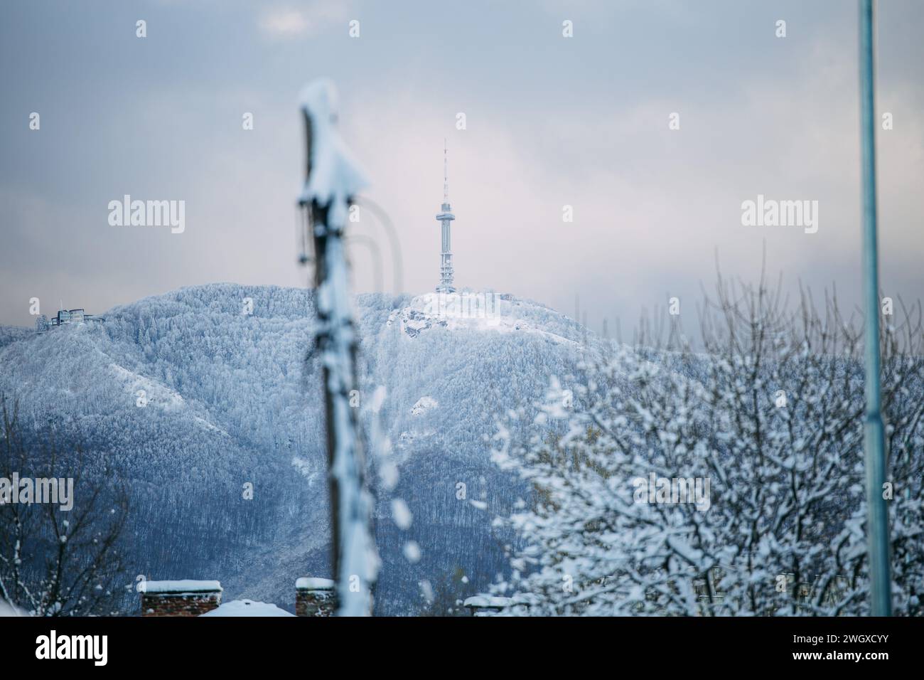 Mount Kopitoto in Sofia, Bulgaria. Snow covering the mountain hills and ...