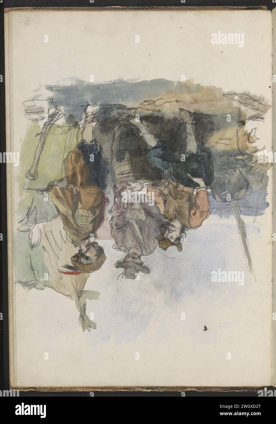 Three men on a quay, 1837 - 1881 The men have gathered around a wooden ...