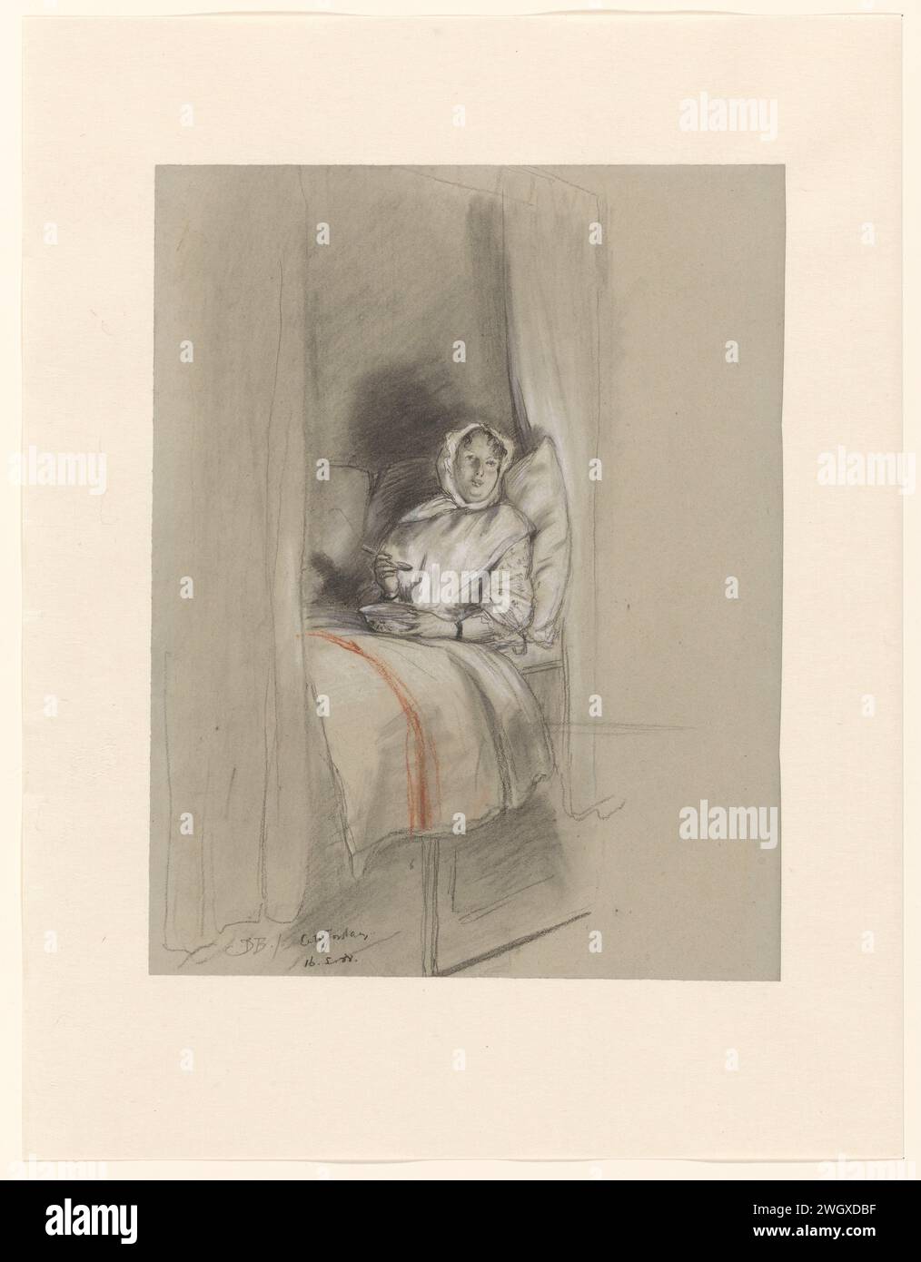 Figure study of a woman lying in a box, eating from a bowl, David Bles ...