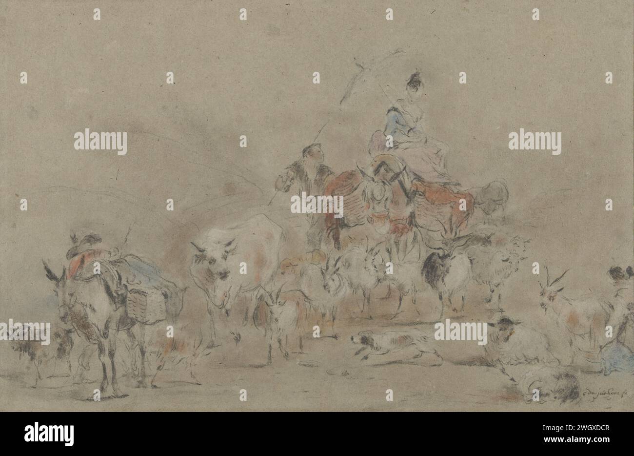 Pulling herd with a shepherdin on a mule, Jérome François Chantereau ...