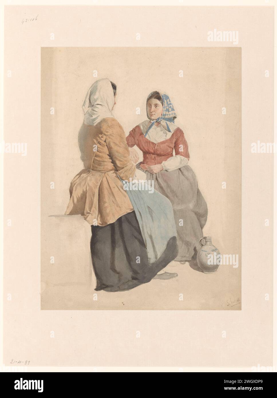 Two sitting women with a jug, Willem Hendrik Schmidt, 1819 - 1849 ...