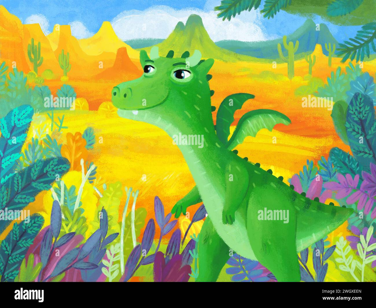 cartoon scene with forest jungle meadow wildlife with dragon dino ...