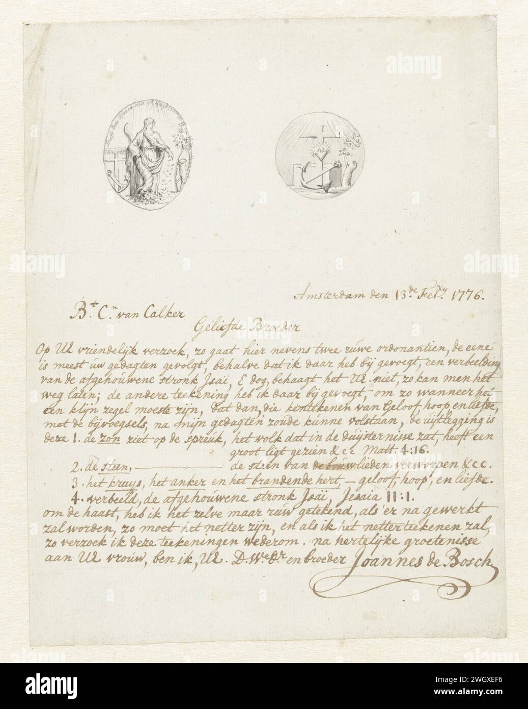 Letter with two designs for Allegorical Vignettes, Johannes de Bosch ...