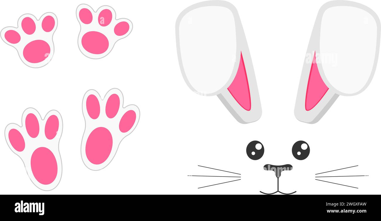 Cute bunny muzzle with ears, eyes, nose, mouth, mustaches and paws ...