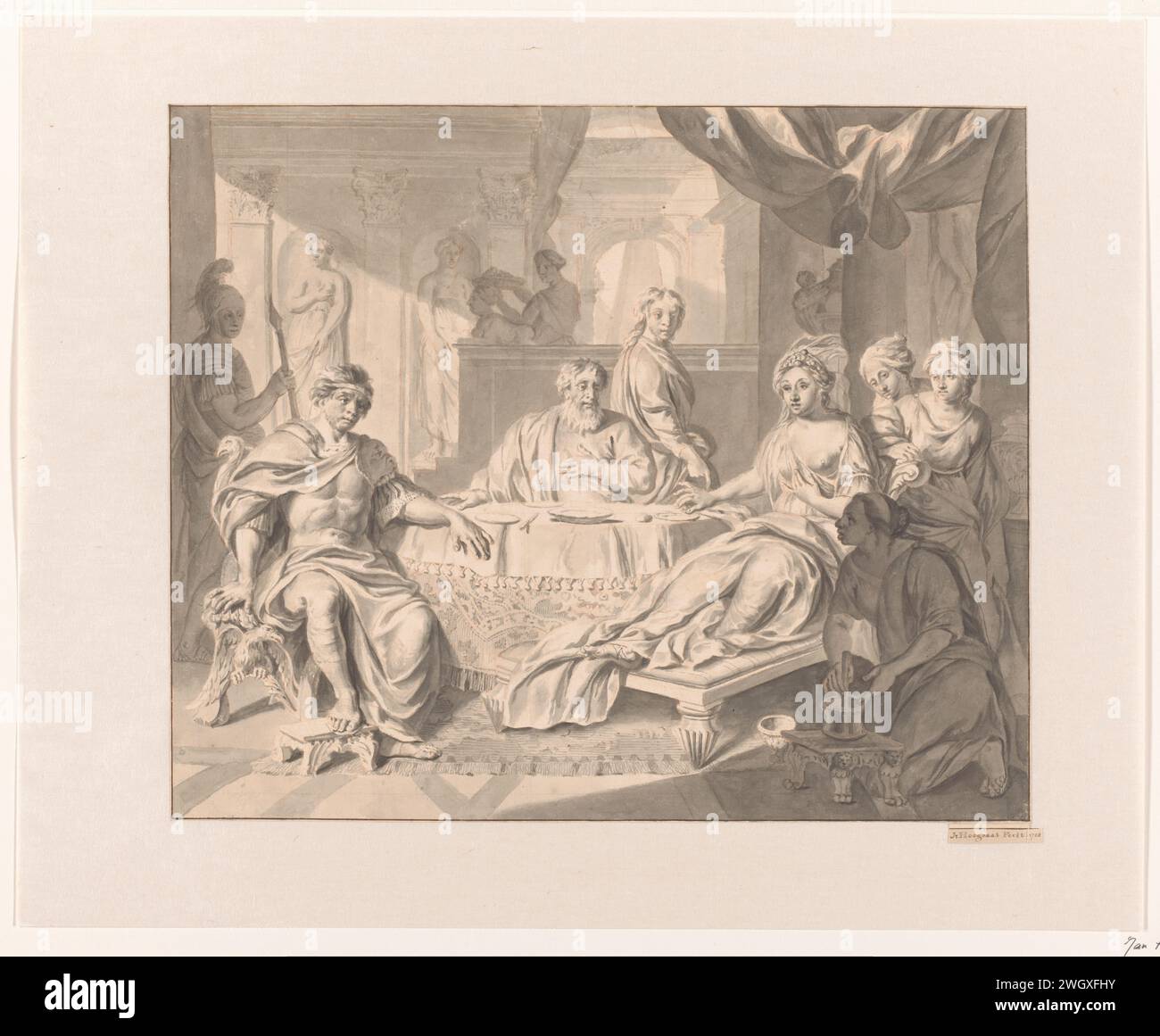 Esther, Haman and Ahasverus on the Banket, Jan Hoogsaat, 1728 drawing ...