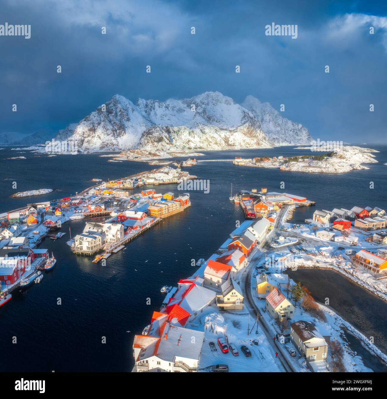 Aerial view of snowy fishing village in Norway in winter Stock Photo ...