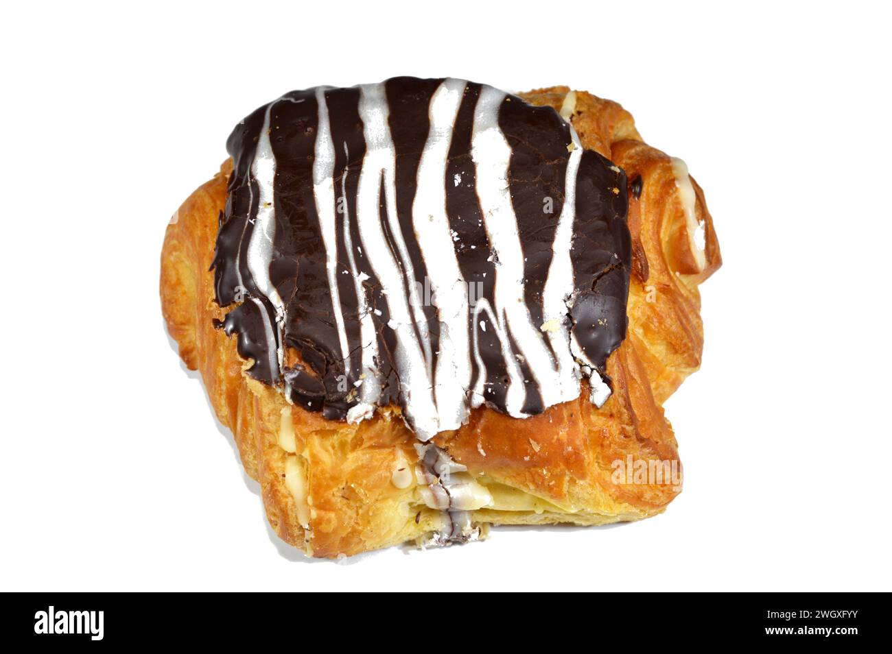 Baked Danish pastry stuffed and topped with brown dark chocolate and ...