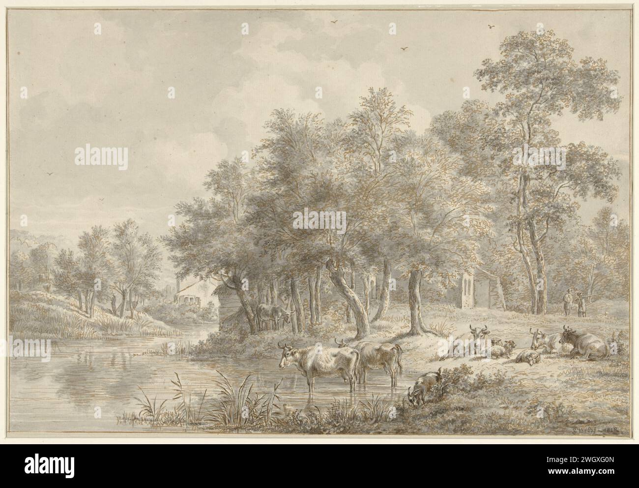 River landscape with cattle, Pieter Gerardus van Os, 1828 drawing paper ...