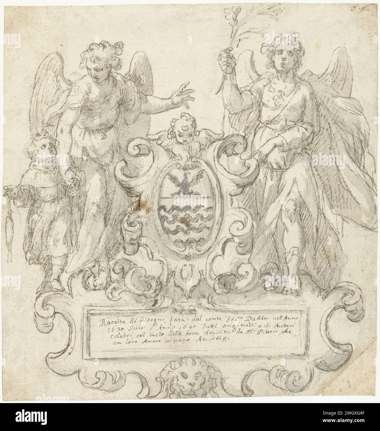 Title page for a compilation album with a weapon flanked by two angels ...