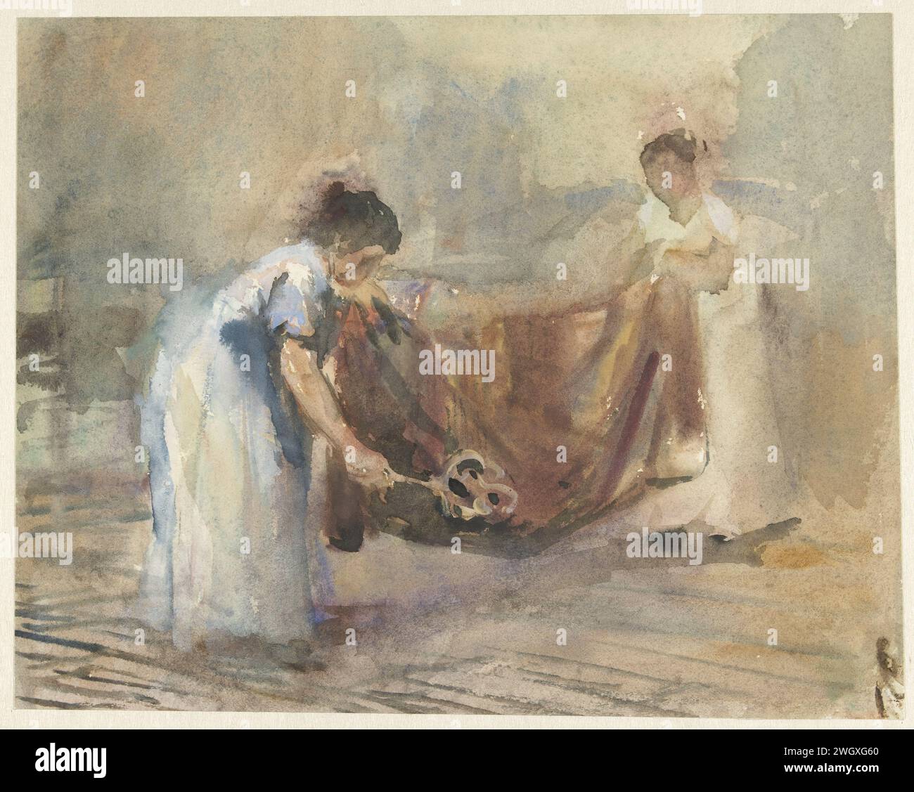 Two women who beat a rug, Joan Berg, 1861 - 1935 drawing paper brush ...