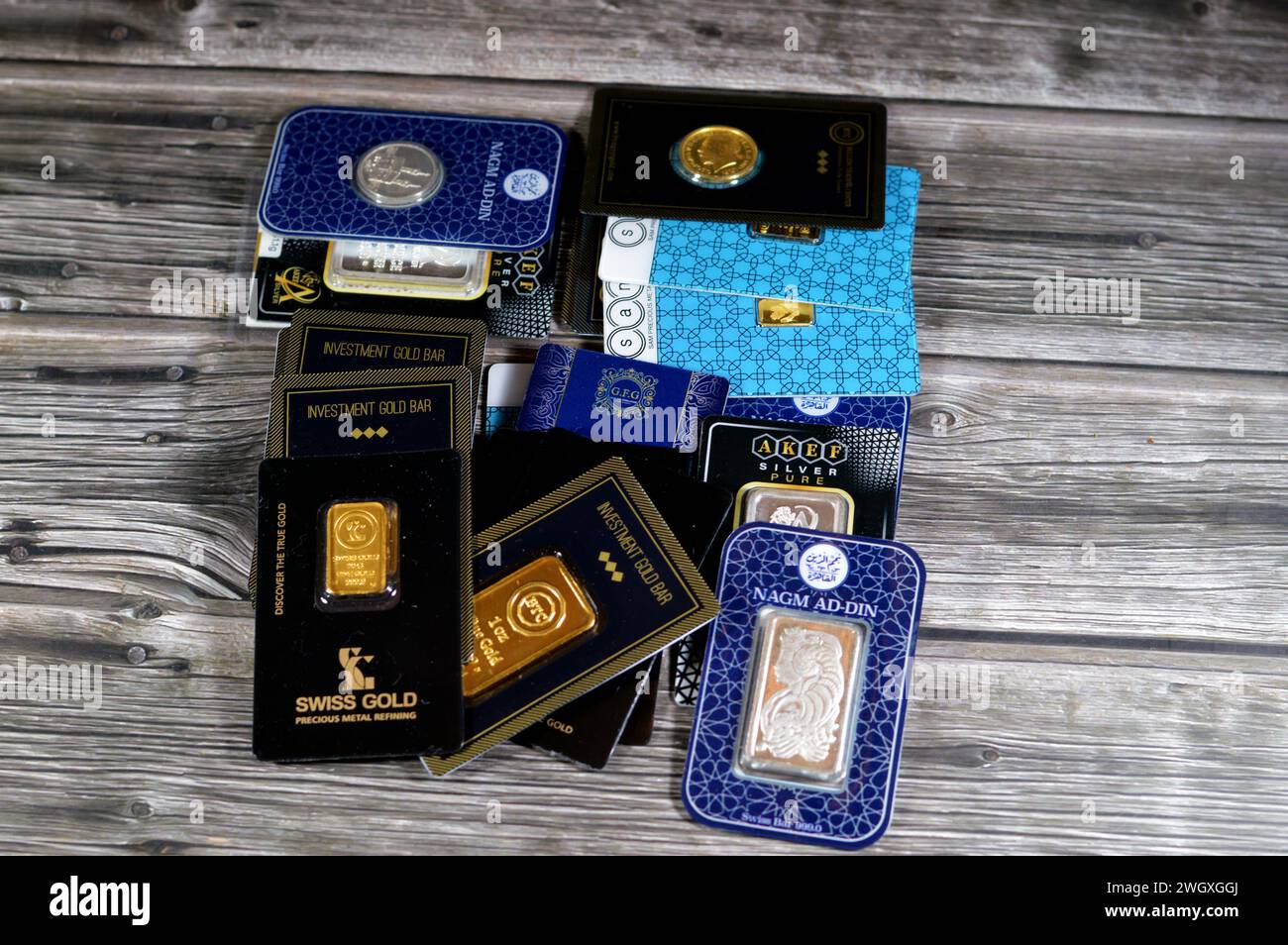 Cairo, Egypt, January 29 2024: BTC, Sam, Swiss gold pure gold, Nagm Ad ...