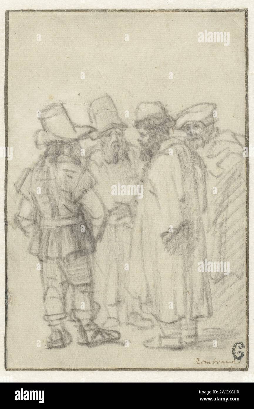 Four Men Standing, Wearing Hats, Rembrandt van Rijn, c. 1650 drawing ...