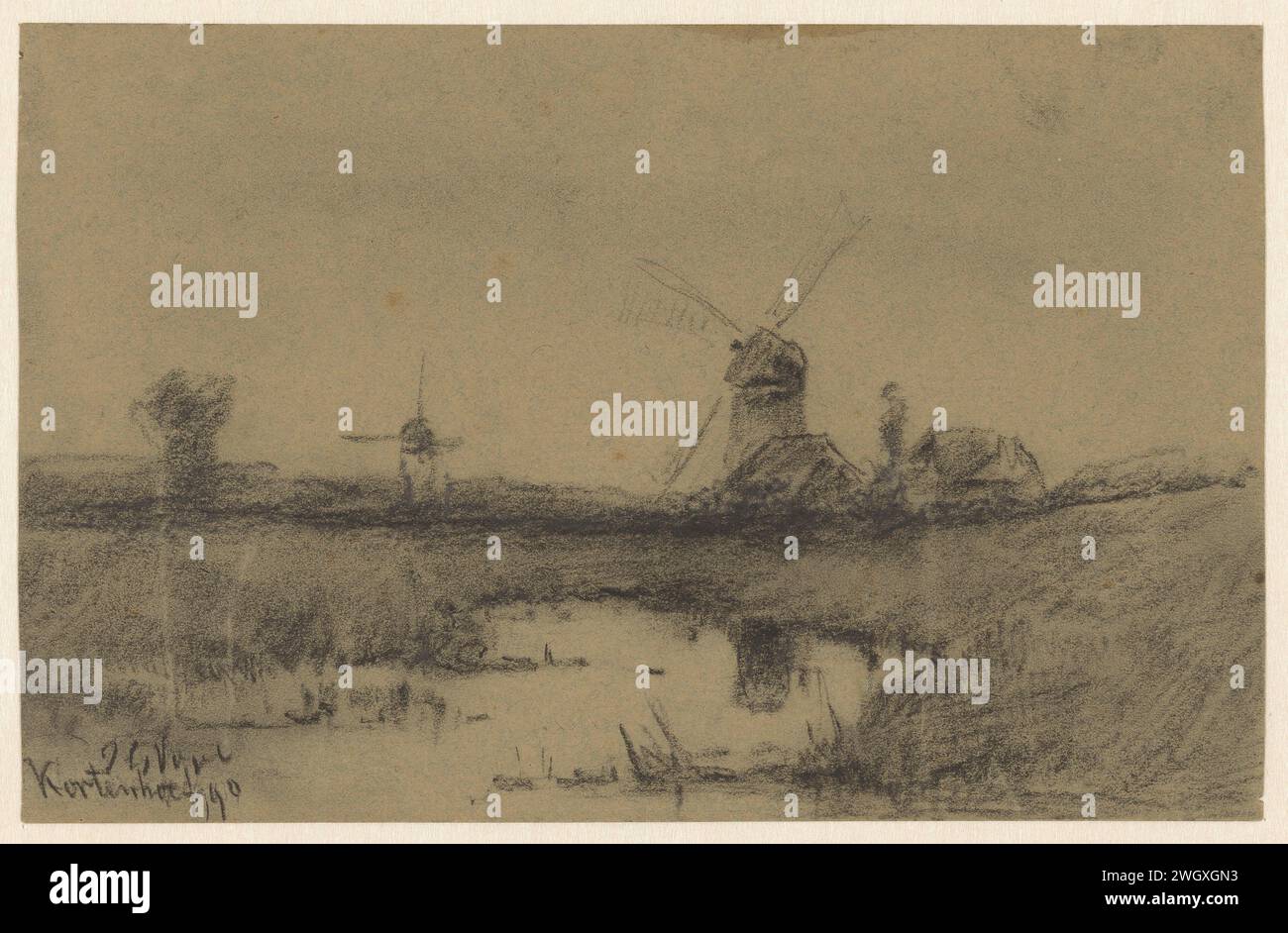 Mills near Kortenhoef, Johannes Gijsbert Vogel, 1890 drawing Kortenhoef ...
