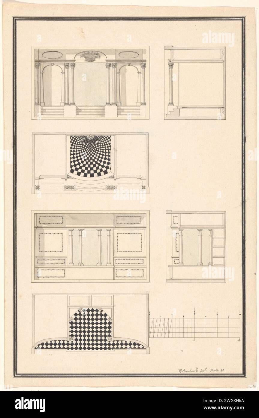 Interior of the upper part of two secretarys, both in front and side ...
