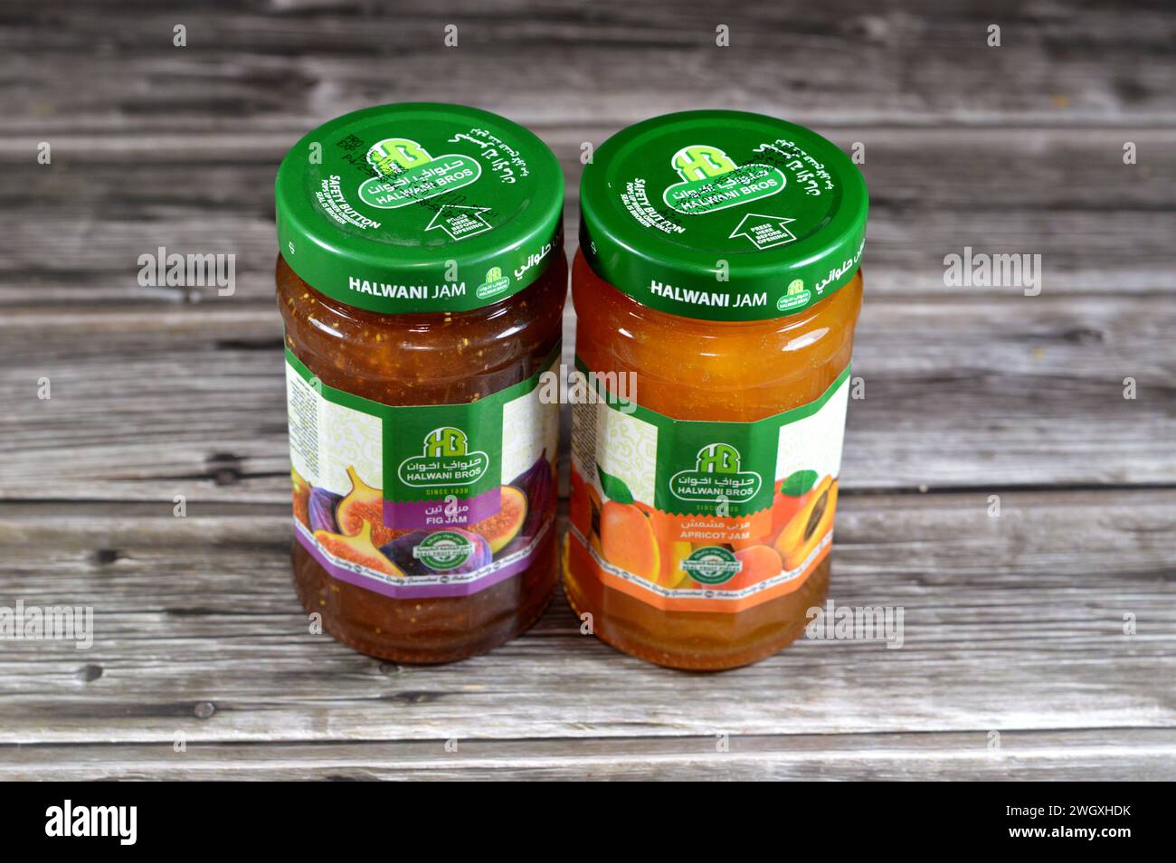 Cairo, Egypt, February 4 2024: Halwani Bros apricot and fig jam ...