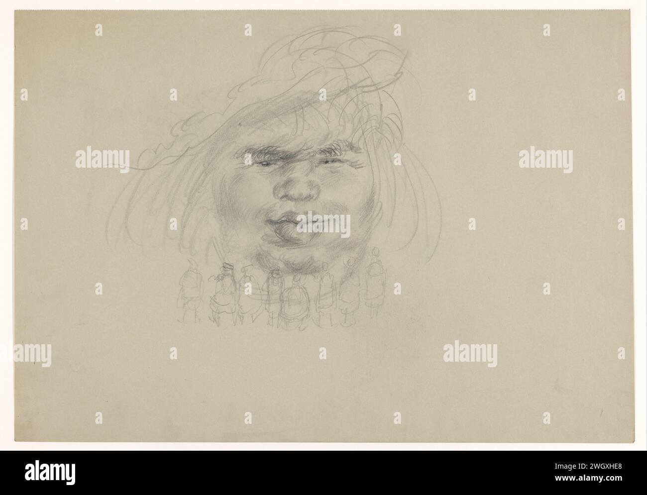 Group small figures standing in front of the face of a giant, c. 1936 ...