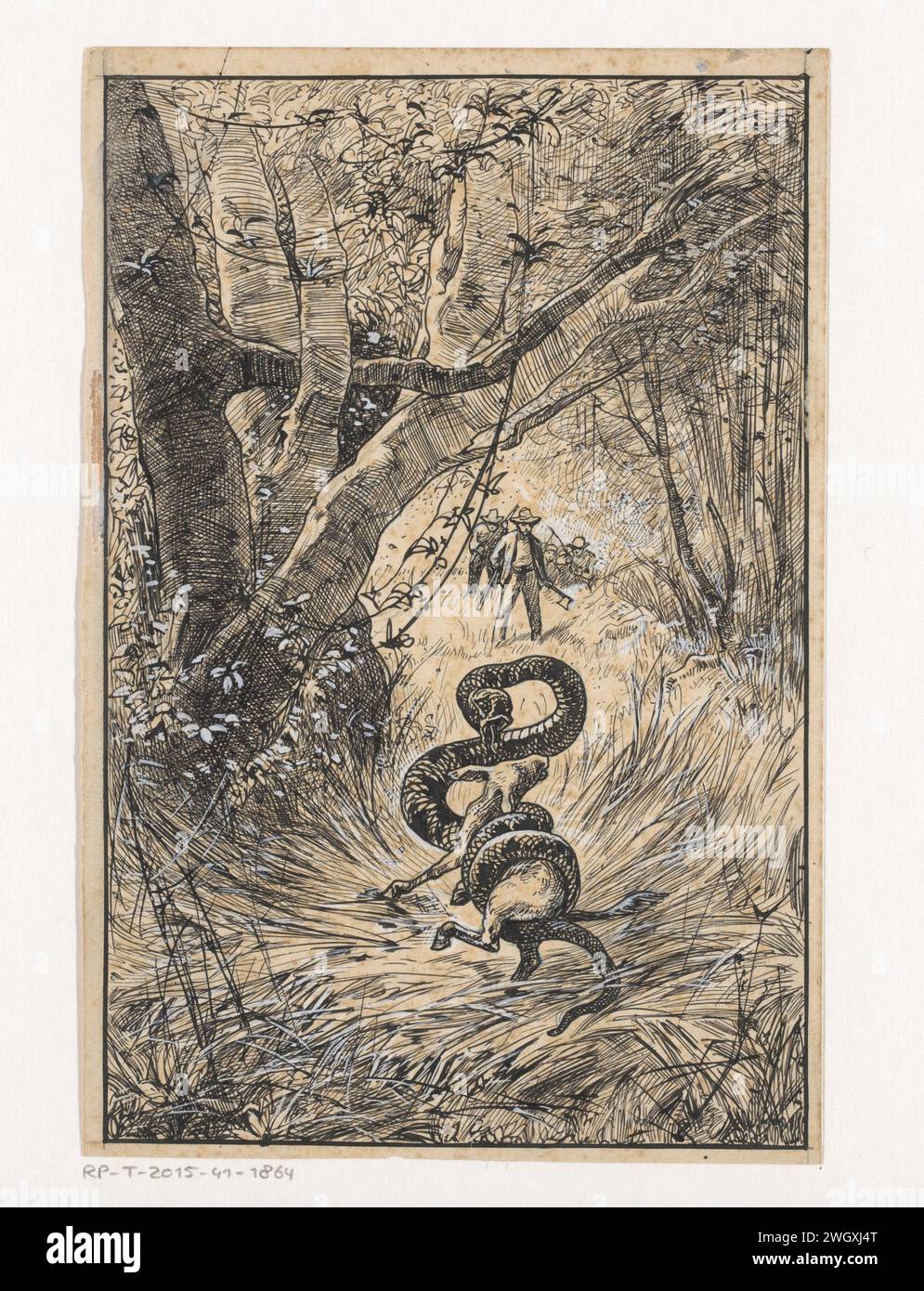 Snake strangles a goat, Willem Wenckebach, 1870 - 1937 drawing On a ...