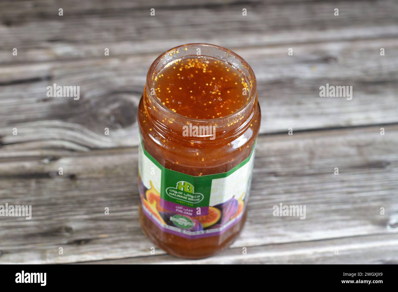 Cairo, Egypt, February 4 2024: Halwani Bros fig jam Haalwani bottle ...