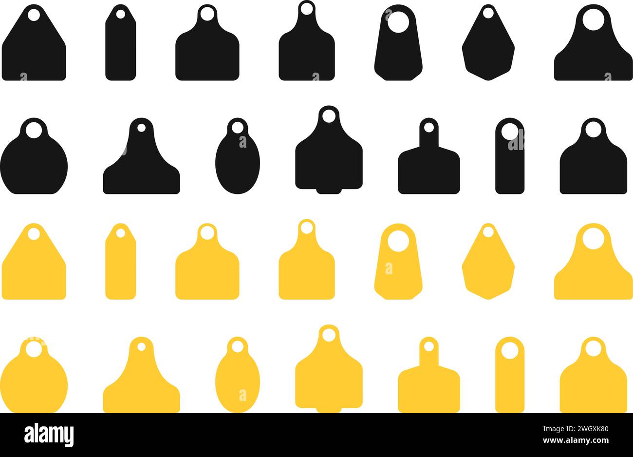 Ear tags for cattle. Set of blank black and yellow identification ...