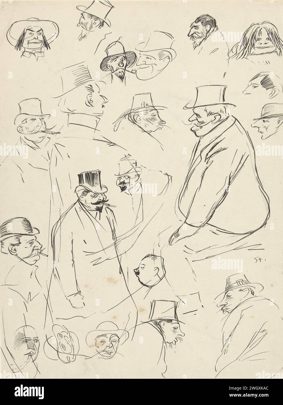 Caricatural Portrait and Figure Studies of Men, Théophile Alexandre ...