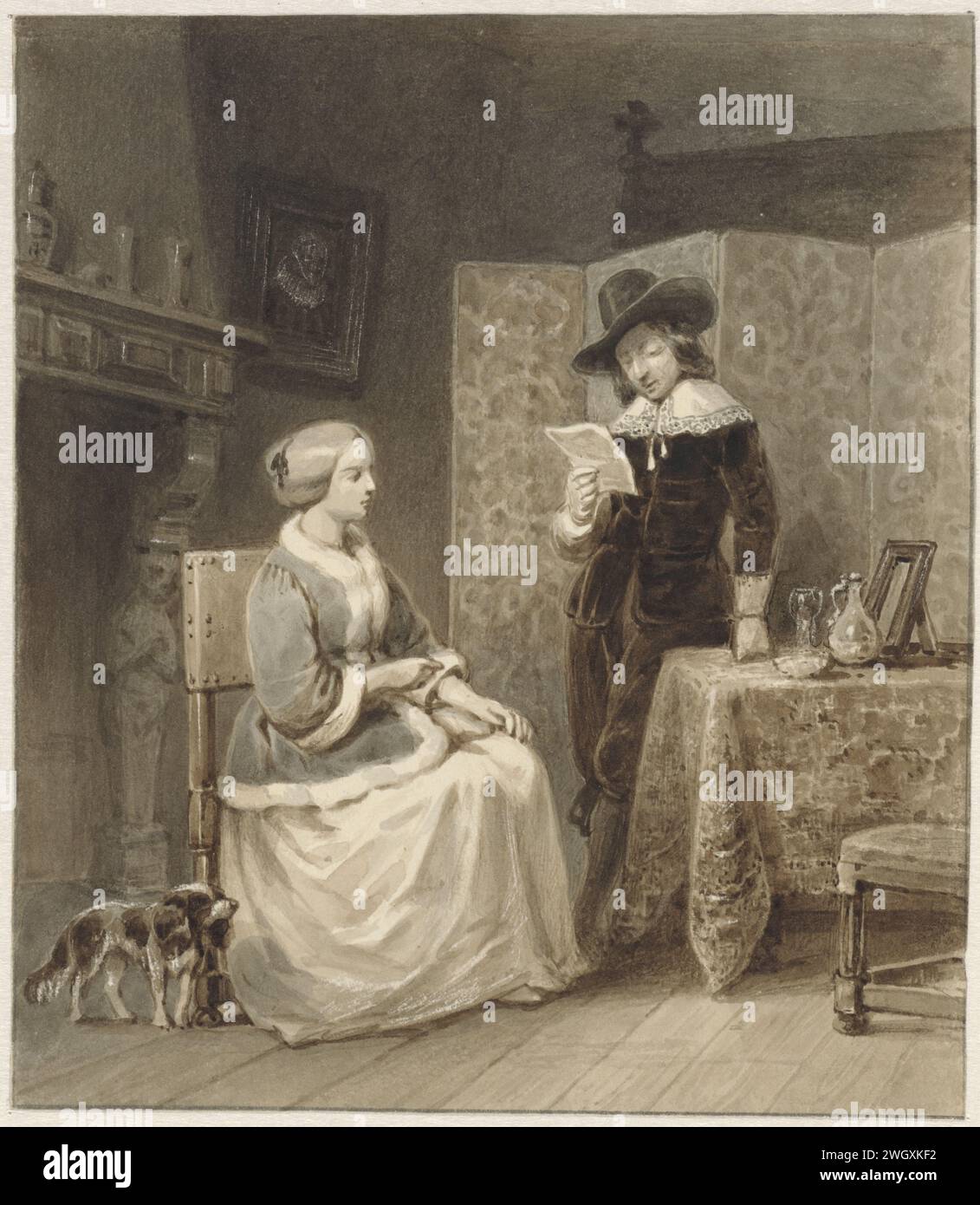 Historical interior with sitting woman and standing, reading man ...