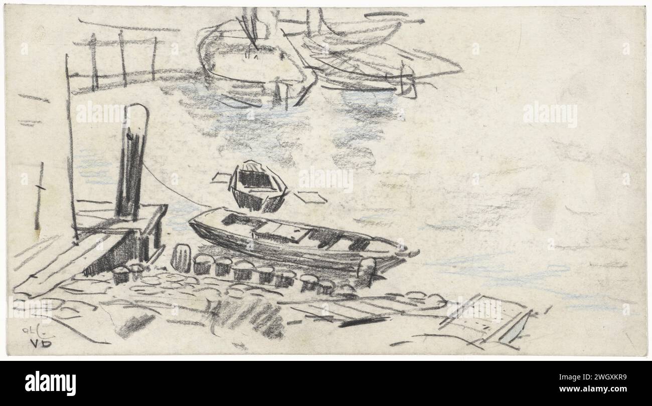 Quay with boats, Adolf Le Comte, 1860 - 1921 drawing rowing-boat, canoe ...