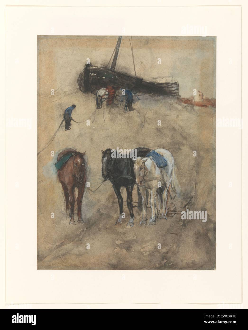 Horses on the beach, in the background a barge and fishermen, George ...