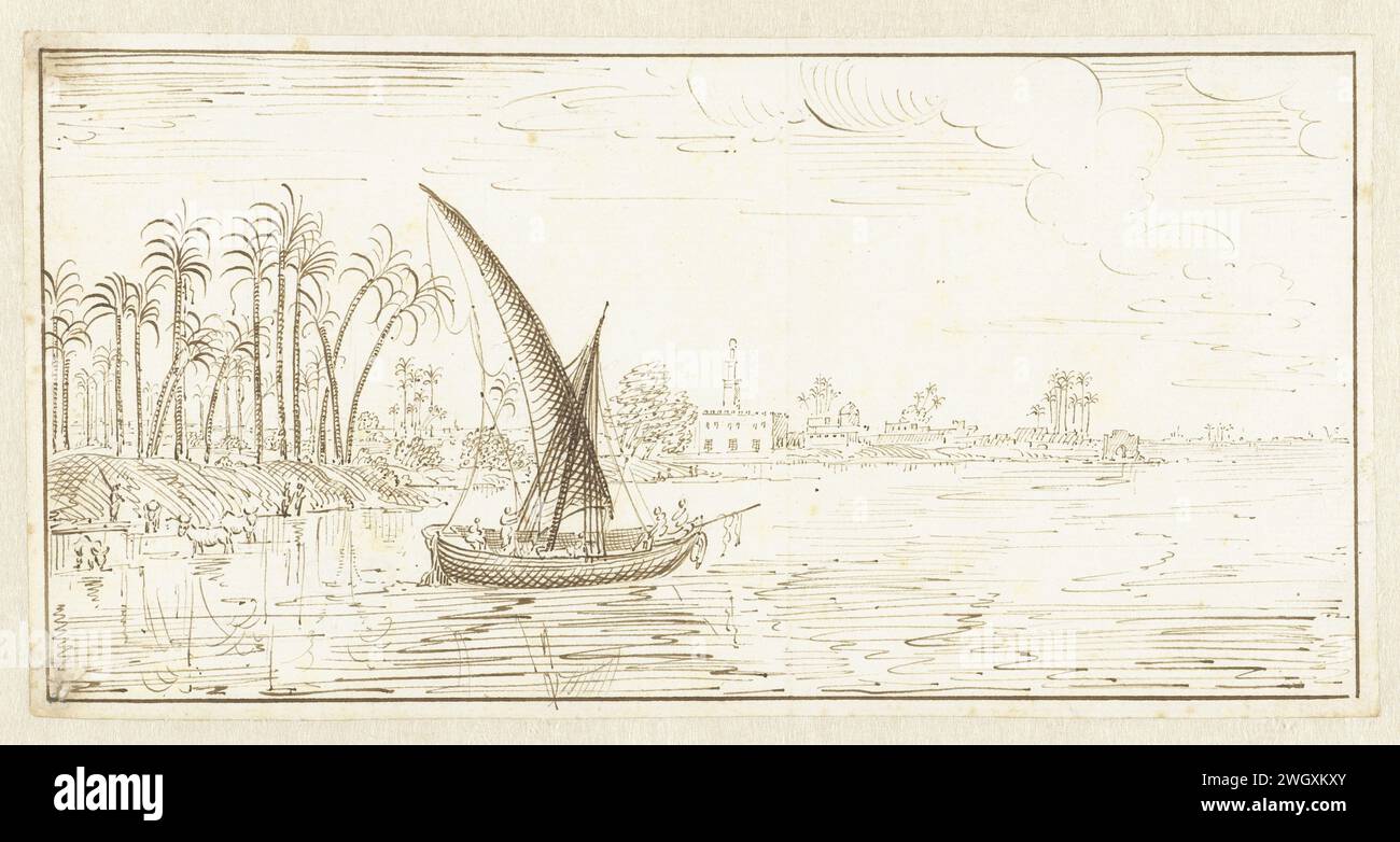River landscape with a boat on the Nile, Johan Teyler, 1679 - 1683 ...