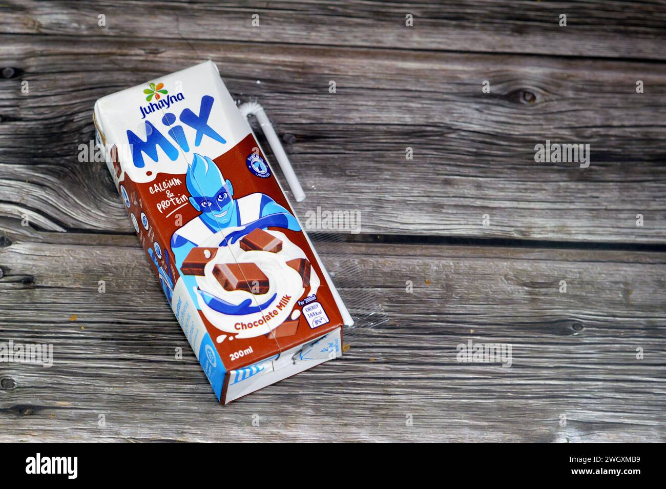 Cairo, Egypt, February 4 2024: Juhayna Chocolate Flavor Milk, a type of flavoured milk made by ...