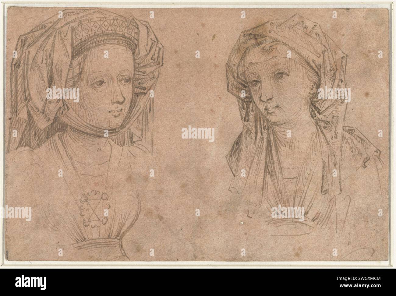 Two women's heads, Anonymous, 1400 - 1500 drawing Study sheet with two ...