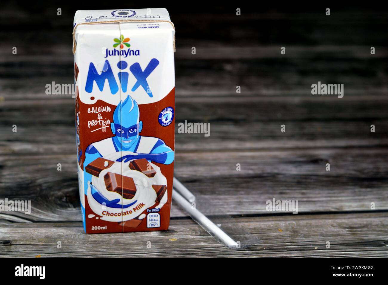 Cairo, Egypt, February 4 2024: Juhayna Chocolate Flavor Milk, a type of flavoured milk made by ...