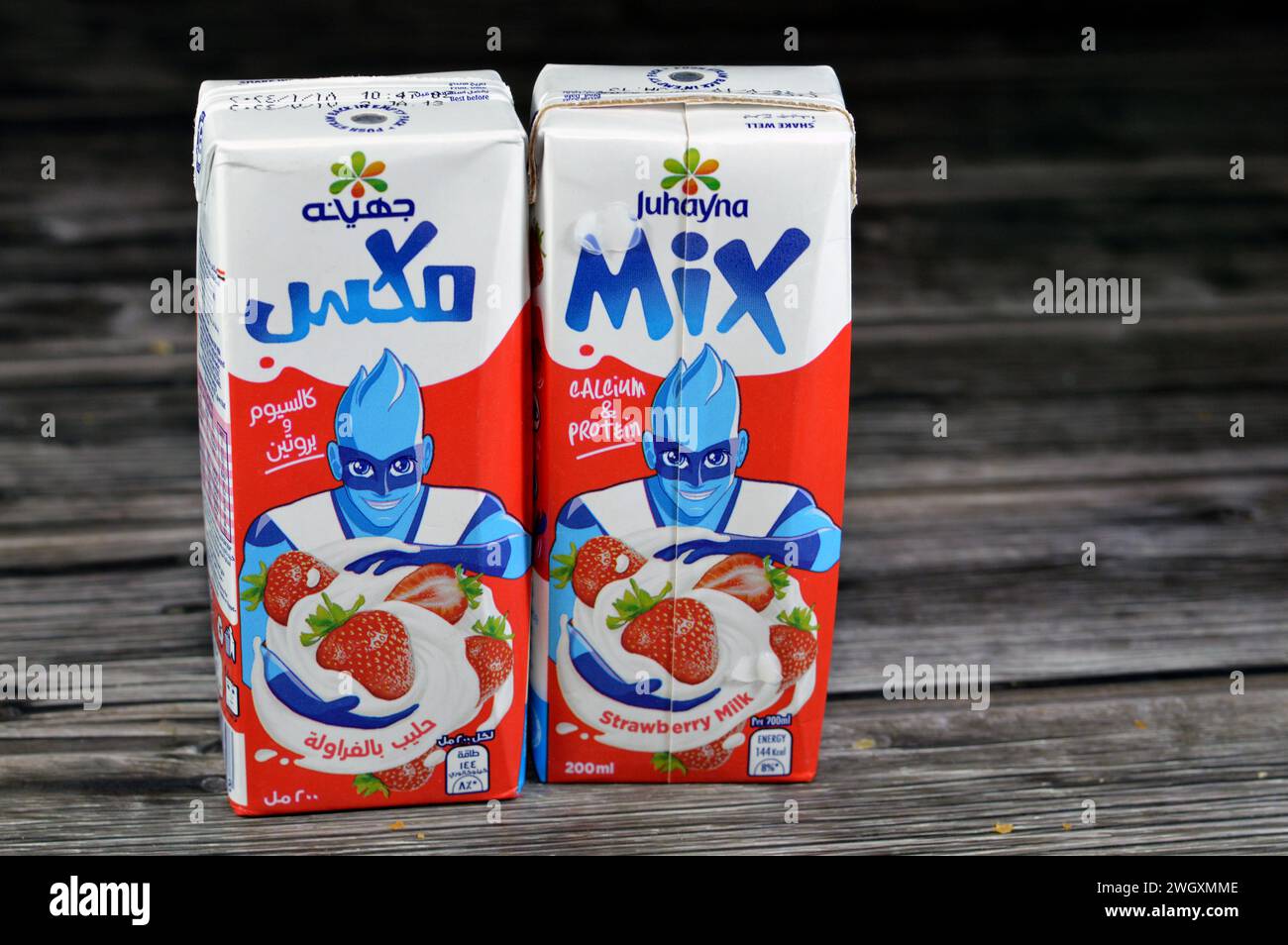 Cairo, Egypt, February 4 2024: Juhayna strawberry Flavor Milk, a type ...