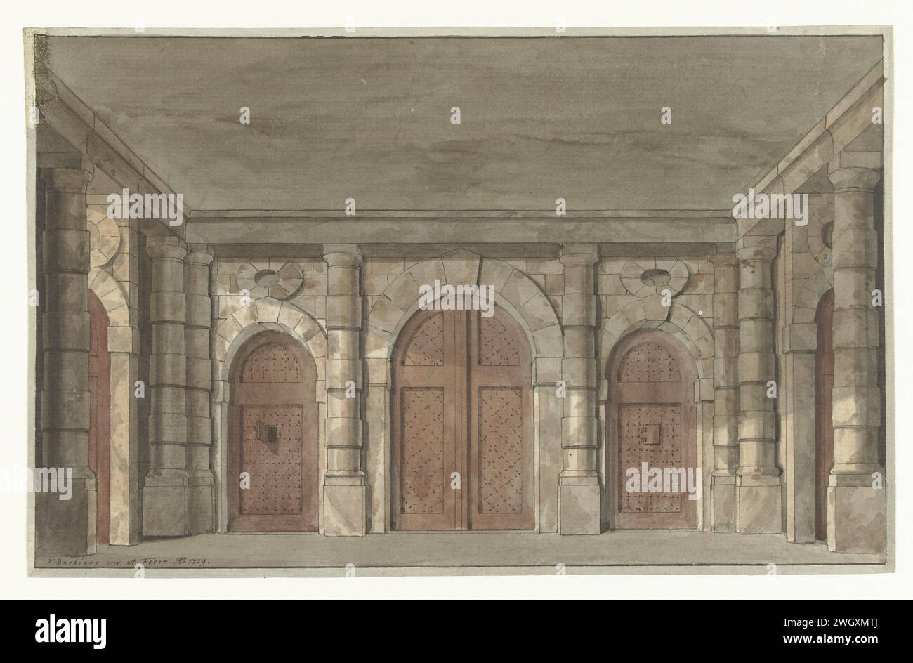 Design for a theater decor of a porch of a prison (?), Pieter Barbiers ...