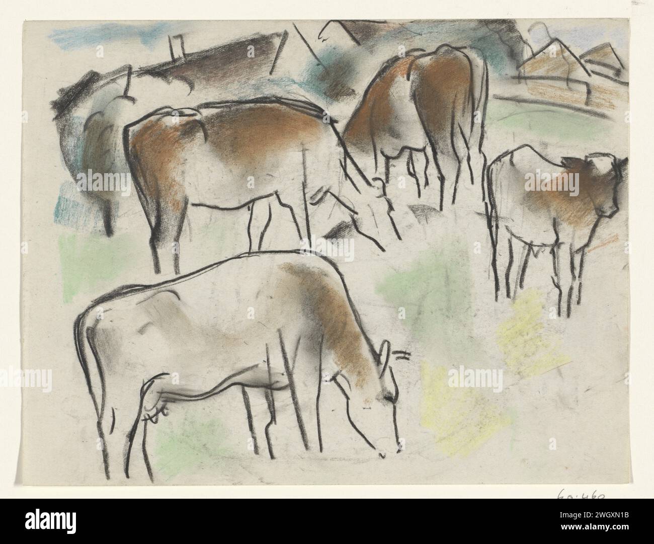 Four cows in a landscape, Leo Gestel, 1891 - 1941 drawing paper. chalk ...