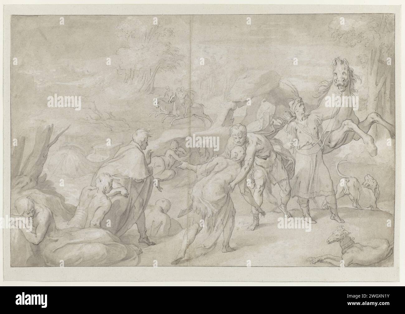 Krijgsman greeted an old man, Toussaint Dubreuil, 1571 - 1602 drawing ...