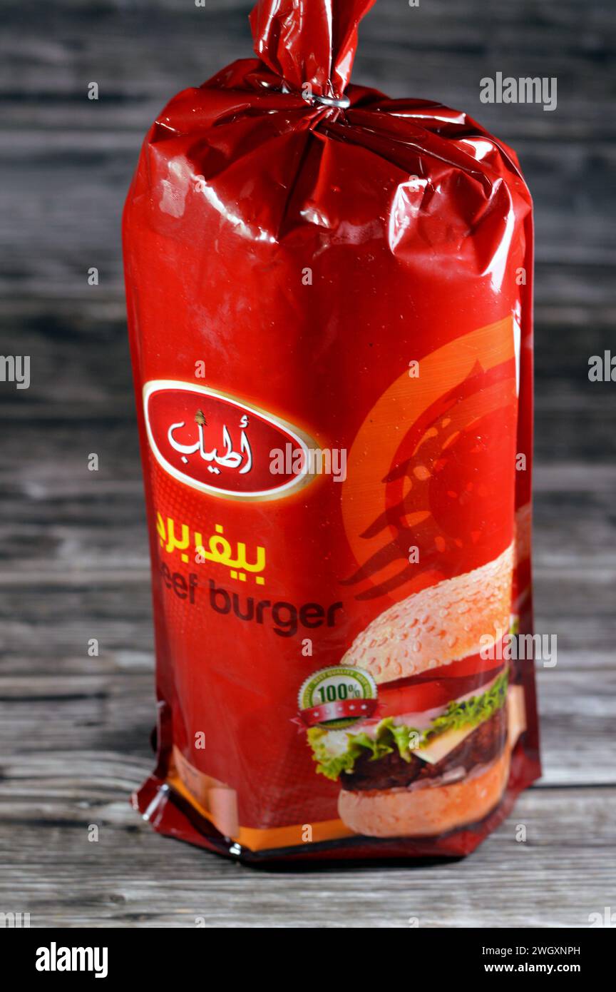 Cairo, Egypt, February 4 2024: Atyab beef burger packet, Beef Burgers ...