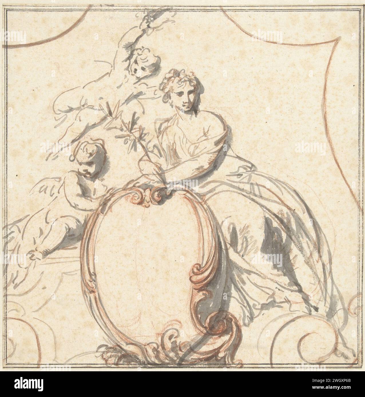 Allegorical female figure with two putti above a rocaille cartouche ...