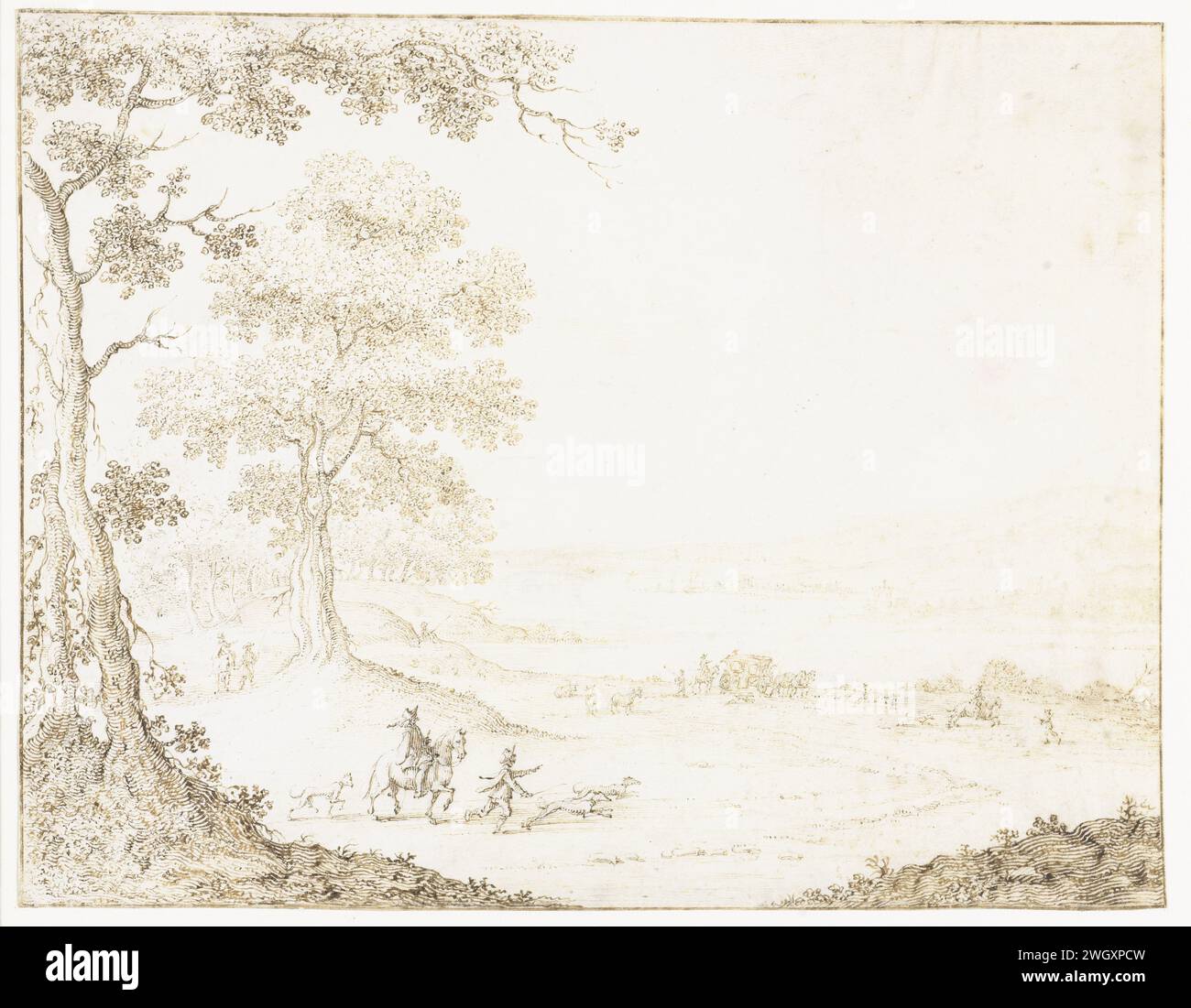 Carriage and riders in a landscape on a wide water, Albert Flamen, 1648 ...