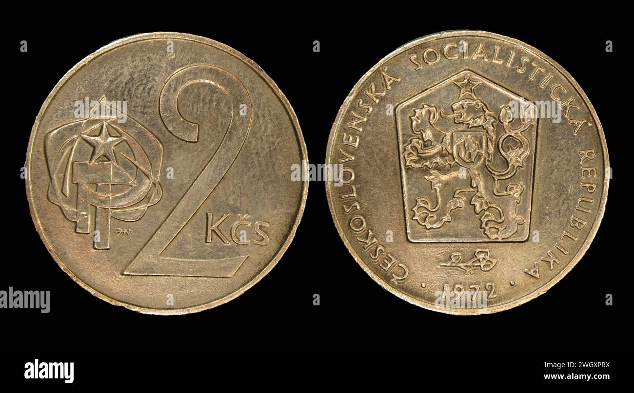 Two Czechoslovakian koruna coins, arranged in a vertical composition ...