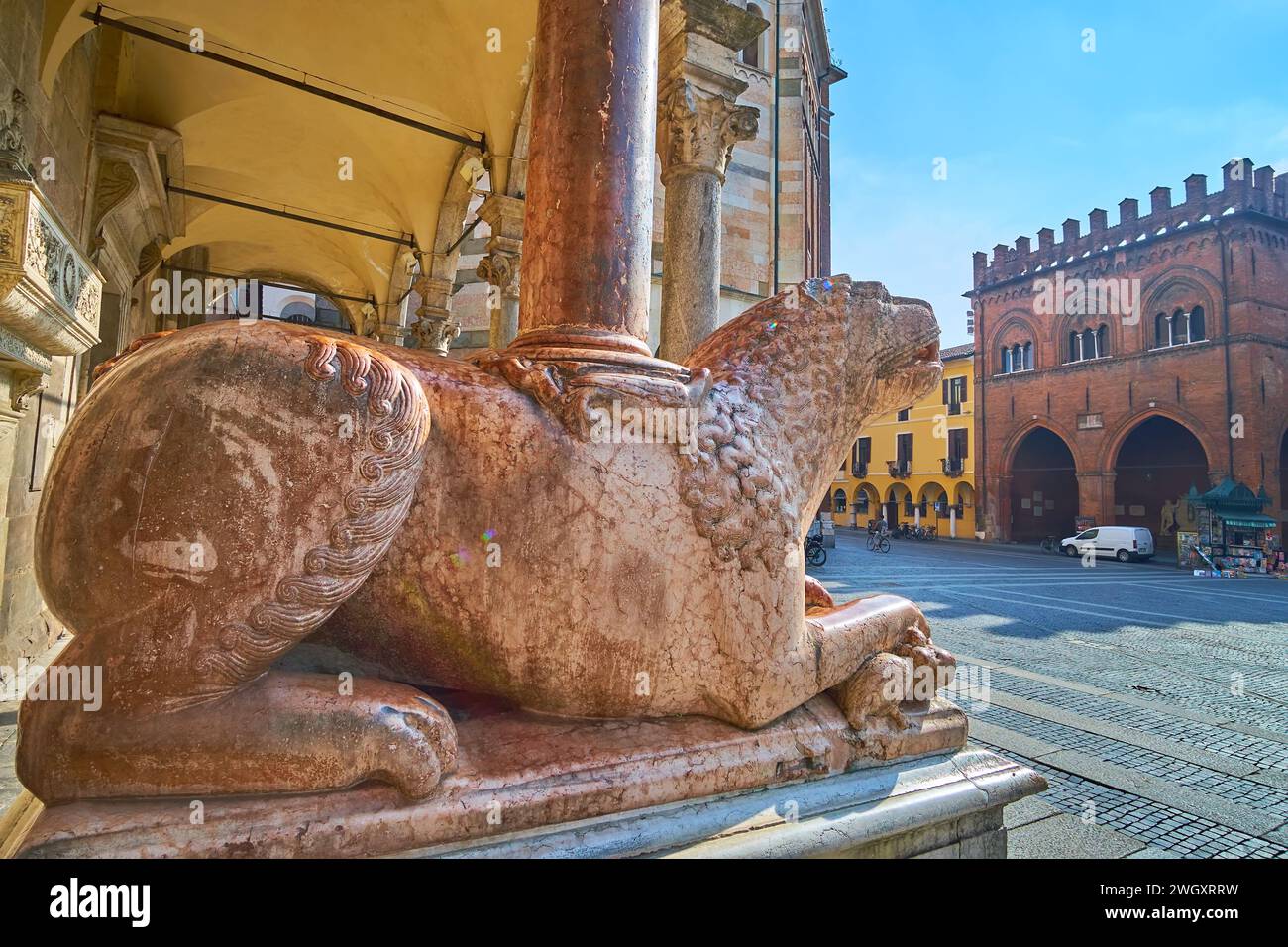The old stone statue of lion on the porch of Santa Maria Assunta ...