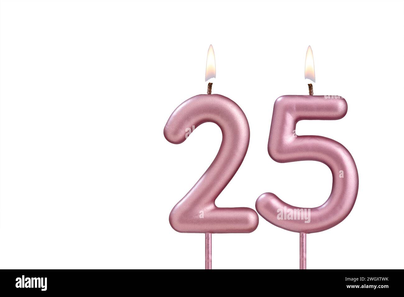 Candle number 25 - Lit birthday candle on white background Stock Photo ...