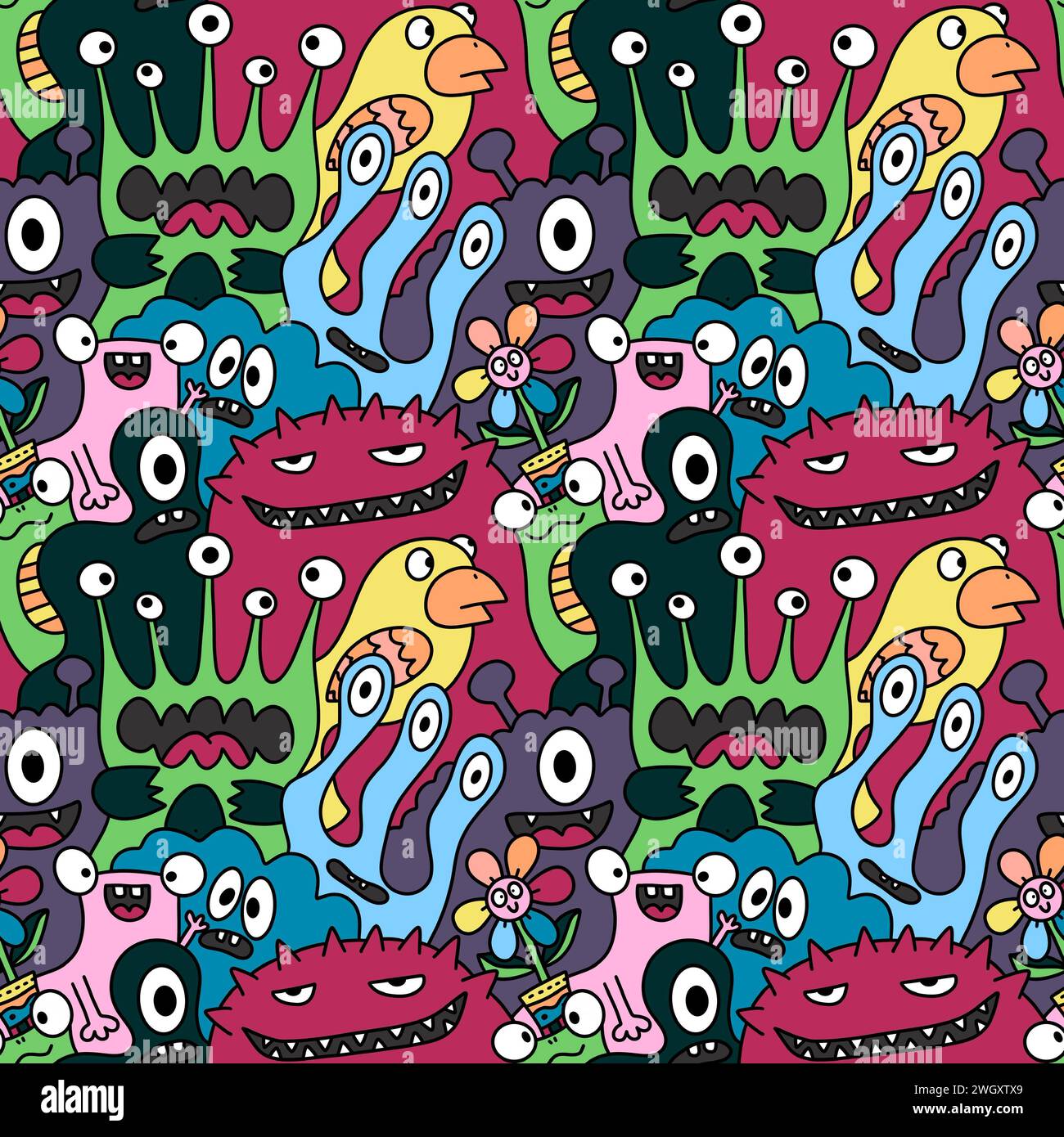 Cartoon monsters seamless funny aliens and rabbit and cactus and flower ...